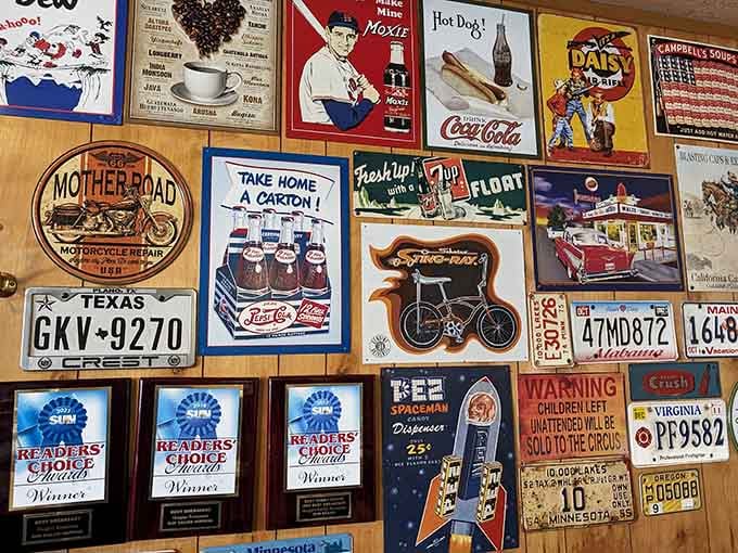 Wall decorations spanning decades create a museum of Americana where admission includes pancakes and endless coffee refills.