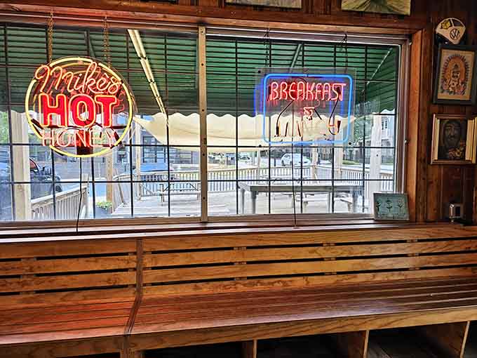 Neon signs in the window announce breakfast is served, and that's the best news you'll hear all morning.