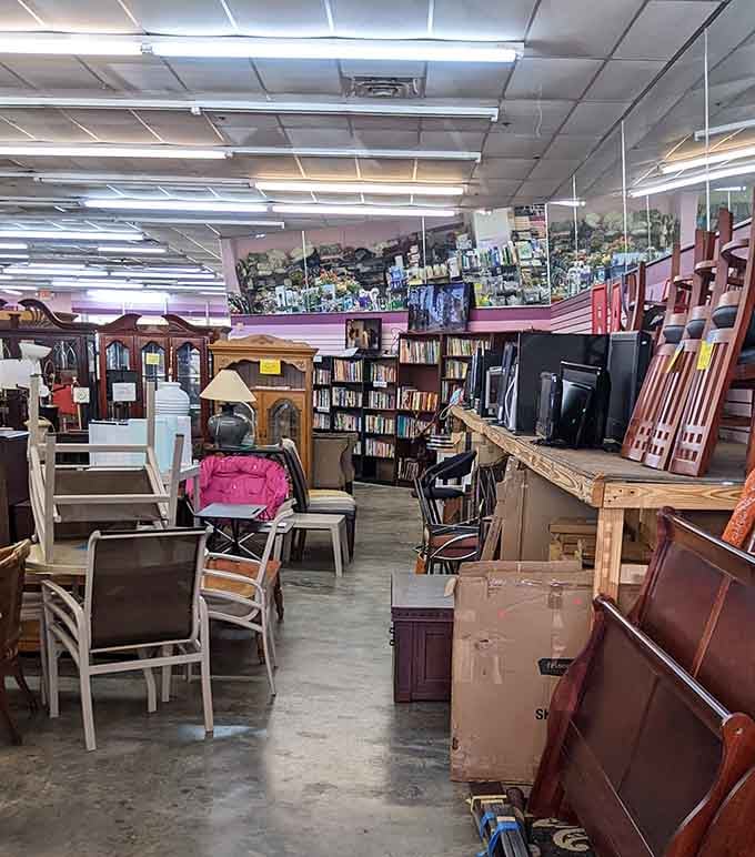 Chairs and tables mingle freely, waiting for someone to give them their next chapter in life.