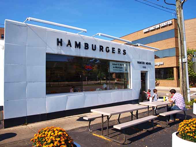 Picnic tables outside for those perfect Michigan days when burgers taste even better alfresco.
