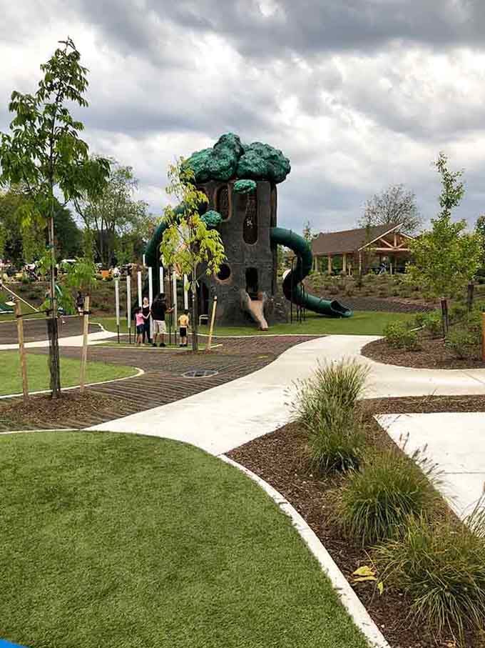 The treehouse structure with multiple slides looks like Dr. Seuss designed it after a particularly inspired brainstorming session.