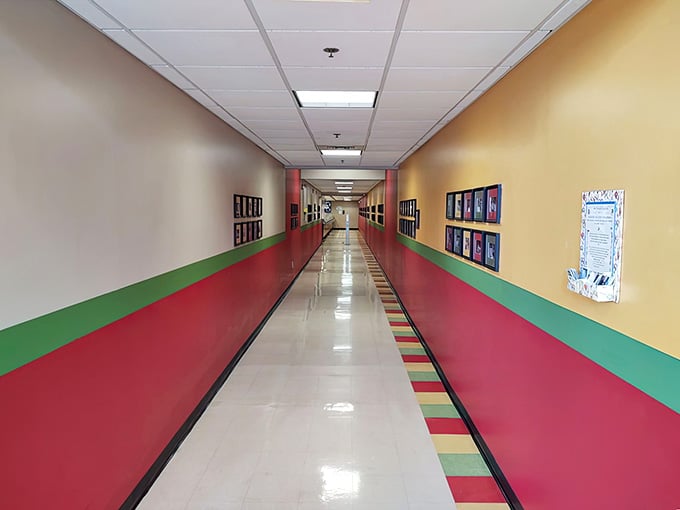 Colorful hallways lead to dining rooms where the real attraction waits: plates piled high with Southern comfort classics.