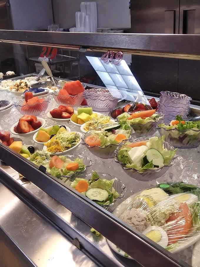 Fresh salads and fruit for people who want to maintain the illusion of healthy eating choices today.