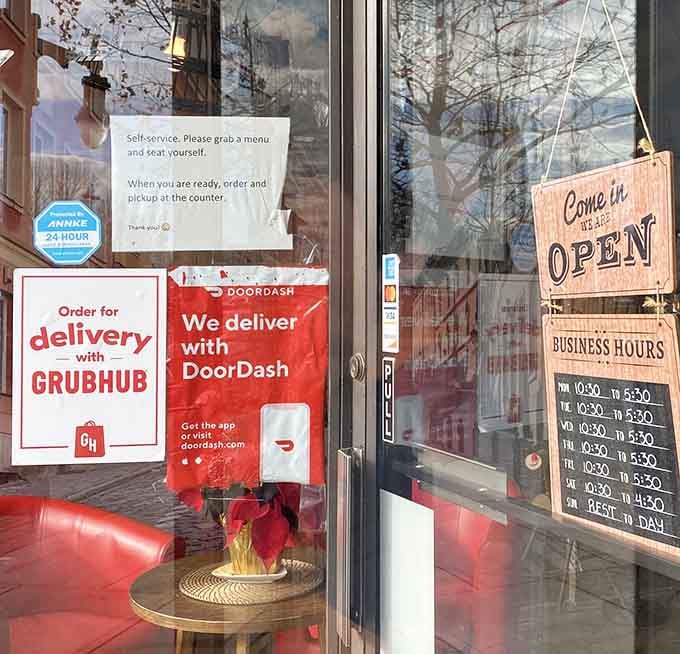 DoorDash and Grubhub signs mean you can bring Poland home, though eating here is half the fun honestly.