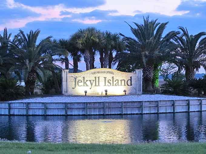 The Jekyll Island welcome sign greets visitors at dusk, promising the kind of escape everyone desperately needs.