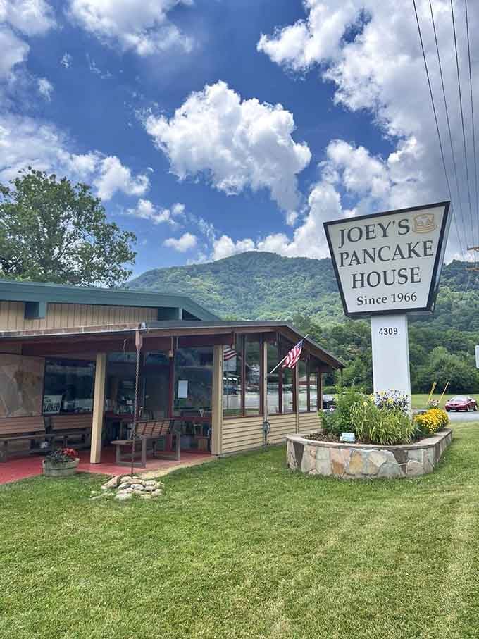 Mountains, blue skies, and a pancake house sign: this is what "good morning" looks like in North Carolina.