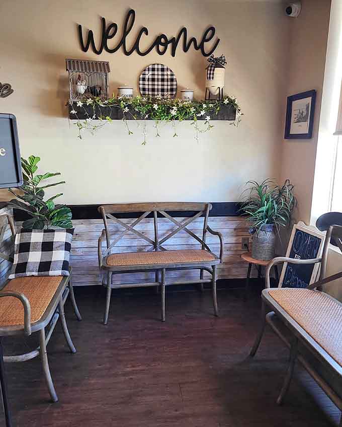 A welcoming bench that practically begs you to sit and contemplate your upcoming breakfast choices with appropriate reverence.