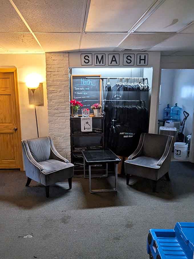 The waiting area proves even rage rooms can have style, offering comfort before you unleash your inner demolition expert.