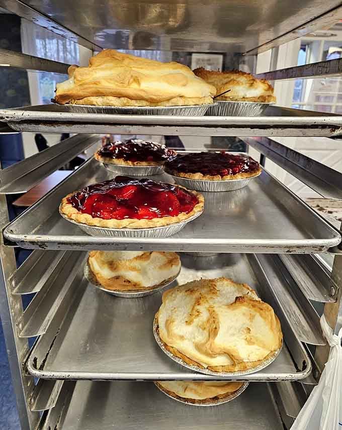 Homemade pies lined up like delicious soldiers, ready to tempt you into dessert before you've finished your eggs.