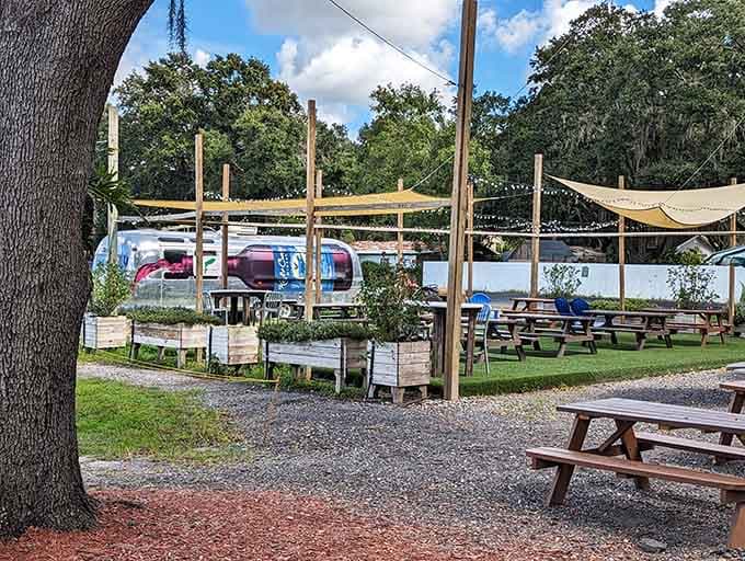 Outdoor seating under shade structures lets you sip wine while enjoying Florida's weather at its finest.