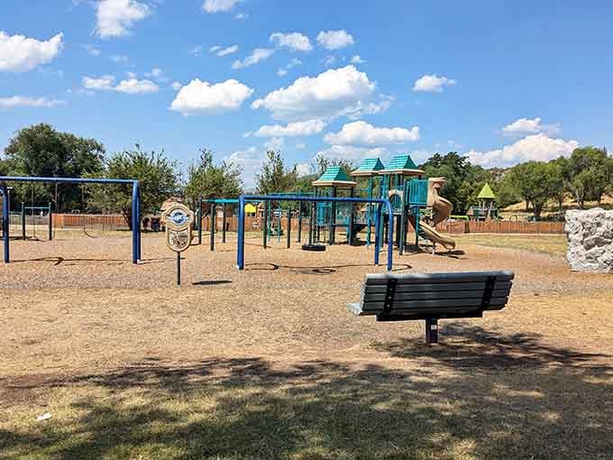 Moore Park's playground equipment stands ready for the kind of outdoor play kids actually remember decades later.