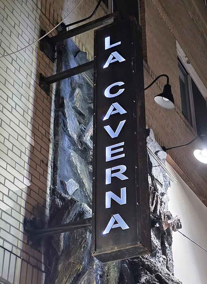 The vertical signage announces itself like a beacon for anyone seeking dinner with a side of geological wonder.