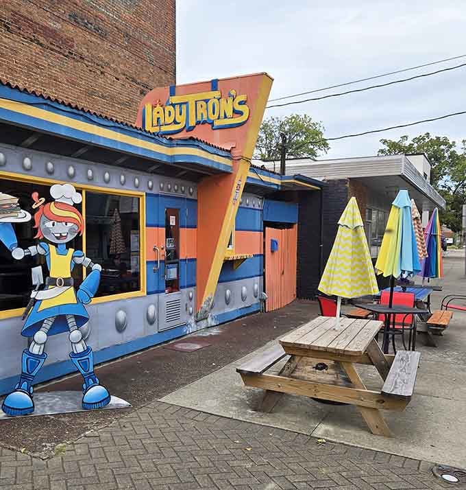Outdoor seating with colorful umbrellas lets you enjoy your cosmic cuisine while soaking up some earthly sunshine.