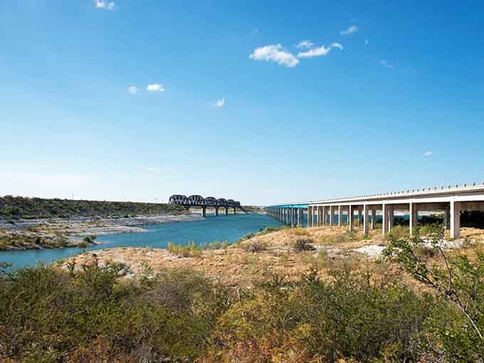 Modern bridge meets ancient landscape in a view that captures West Texas at its finest.