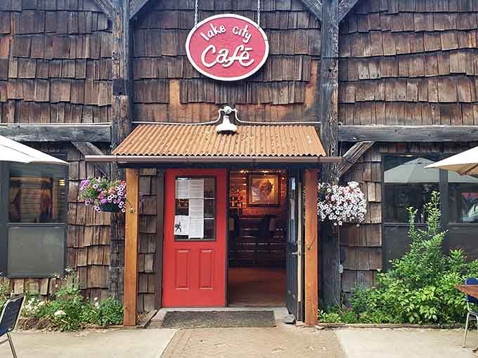 Lake City Cafe serves up meals in a building wearing wooden shingles like a cozy sweater against mountain weather.