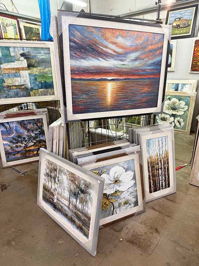 Original artwork and framed paintings offer something for every taste, from dramatic seascapes to delicate botanical studies throughout.