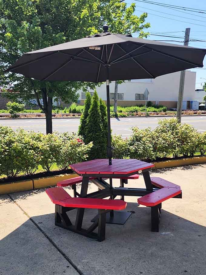 Shaded outdoor seating lets you enjoy your meal al fresco without melting &ndash; smart design meets practical comfort.