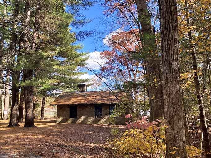 Historic stone structures dot the landscape, offering glimpses into the park's fascinating past as estate grounds.