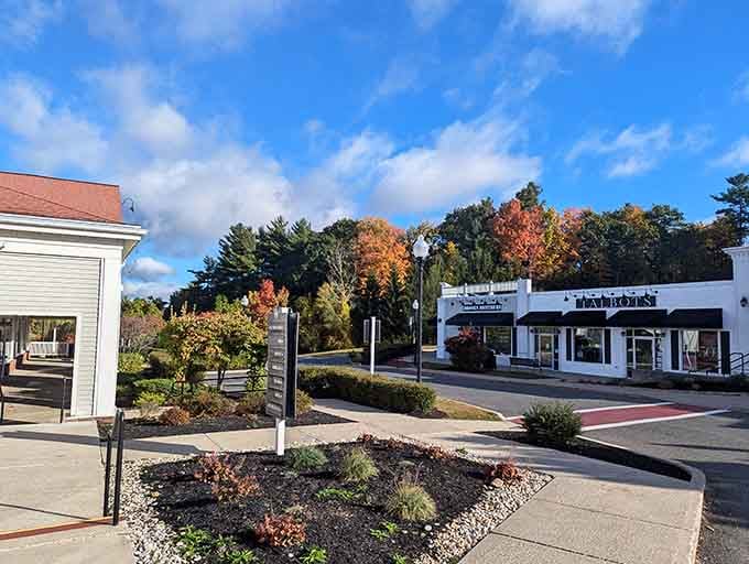 Landscaped walkways between stores make this feel more village than typical concrete shopping wasteland.