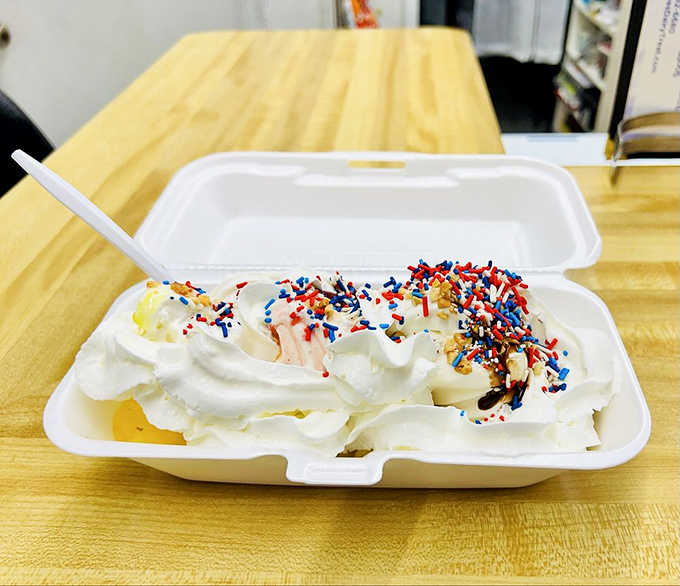 The banana split arrives in patriotic glory, proving some classics never need updating, just proper execution and generous portions.