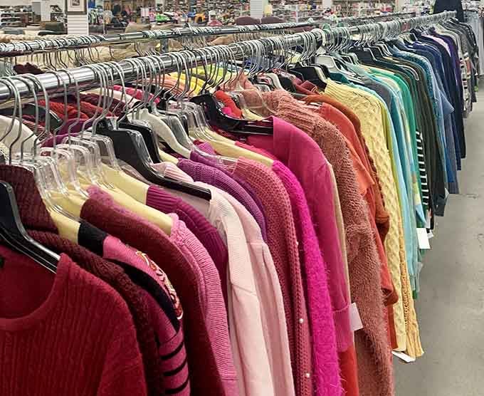 Sweaters in every color imaginable, perfectly organized like a rainbow you can actually wear this winter.