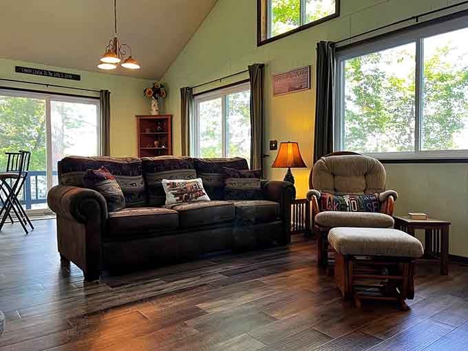 Comfortable seating with a glider chair and ottoman means you've found the official napping headquarters of Hicks Lake.