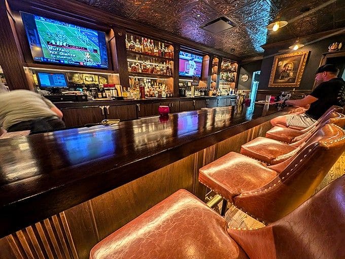 That polished bar with leather stools and multiple TVs is calling your name for pre-dinner drinks or post-meal relaxation.