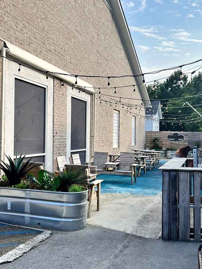String lights and outdoor seating transform a simple meal into a beach town experience you'll want to repeat.