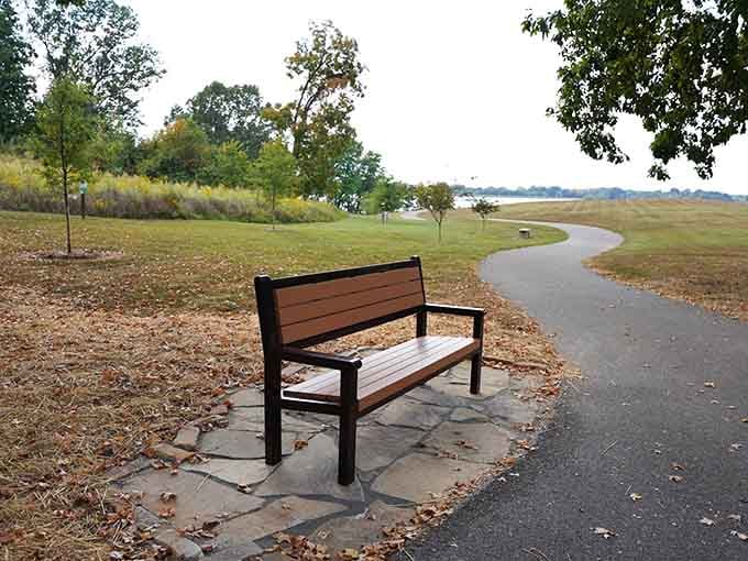 A strategically placed bench invites contemplation, rest, or pretending you're in a thoughtful pharmaceutical commercial without the side effects.