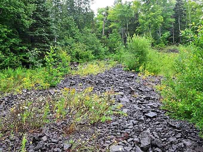 These rock piles mark old mining operations, because apparently logging alone wasn't enough to keep this town's economic engine running.