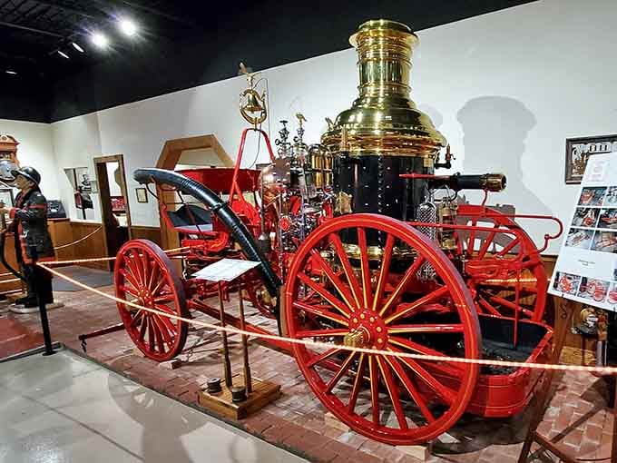 Vintage fire equipment shines like it's ready for action, reminding us that heroes have always needed really cool rides.
