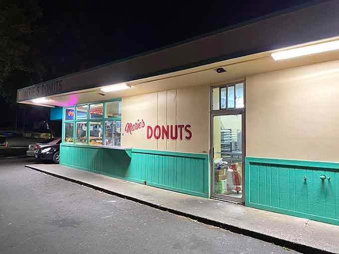 Marie's glowing at dusk, ready to rescue night shift workers and insomniacs with fresh-baked salvation in donut form.