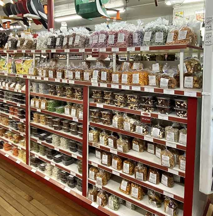 Shelves stocked with enough sweet and salty snacks to satisfy every craving, from childhood favorites to sophisticated adult indulgences.