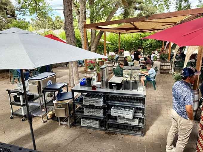 Outdoor seating under colorful canopies turns breakfast into an al fresco celebration of Central Oregon sunshine.