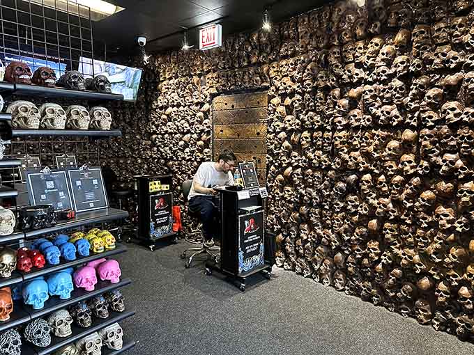The admission counter features a skull wall that really commits to the theme, making this Chicago's most metal ticket booth.