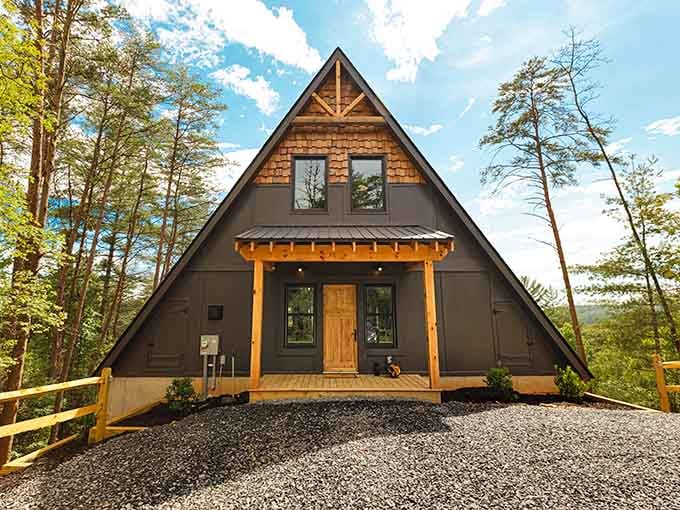 Modern mountain architecture meets cozy comfort in this striking A-frame cabin nestled among the towering trees and scenic vistas.