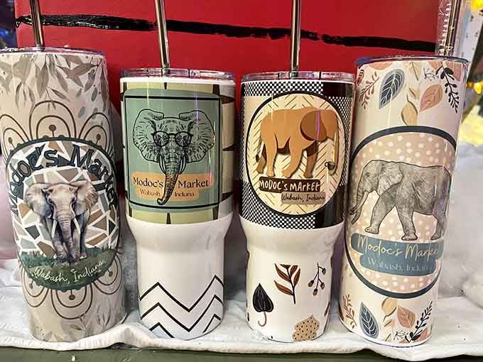 Elephant-themed tumblers march across the counter, each one cuter than the last and begging for adoption.