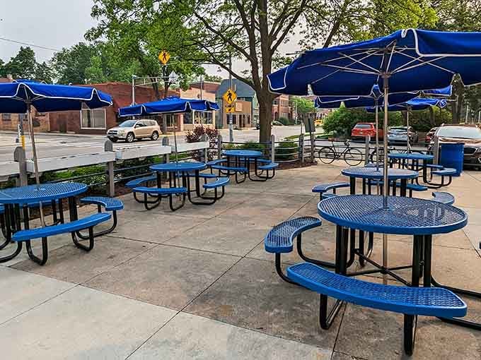Outdoor seating for when Wisconsin weather cooperates, which happens approximately twelve days per year, enjoy them.