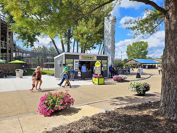 Tree-lined pathways connect different sections of this sprawling complex, making exploration part of the experience itself.