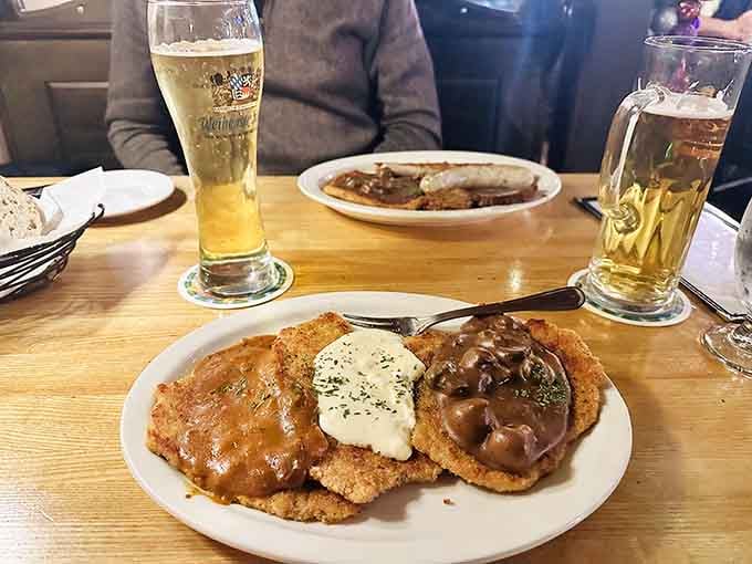 Golden schnitzel meets cold German beer in perfect harmony, like Sonny and Cher but with better lasting power.
