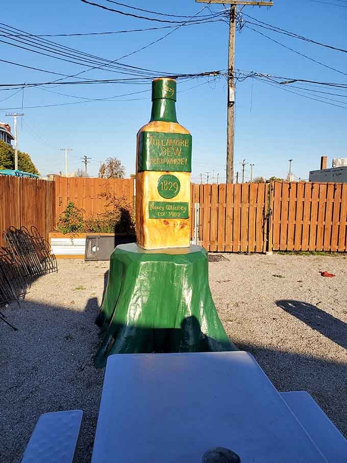 This giant whiskey bottle monument stands guard outside, a fitting tribute to Detroit's oldest party that never really ends.