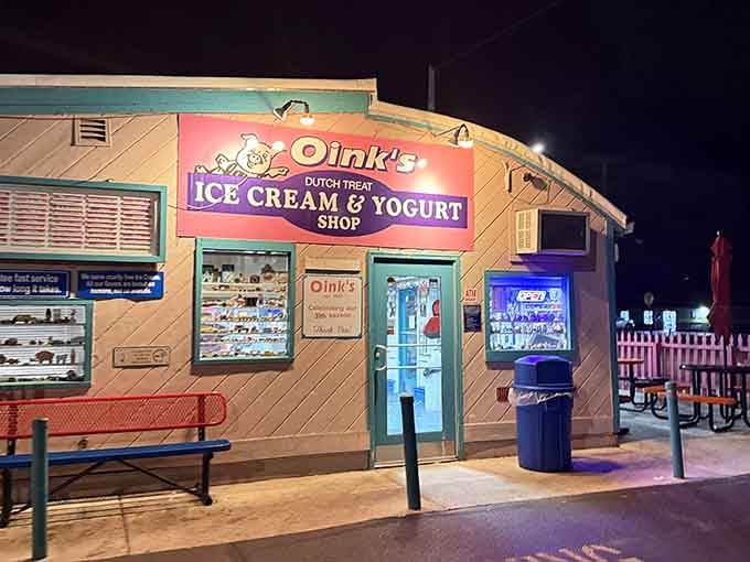 Oink's glowing sign at night is like a beacon calling all ice cream lovers to their happy place.