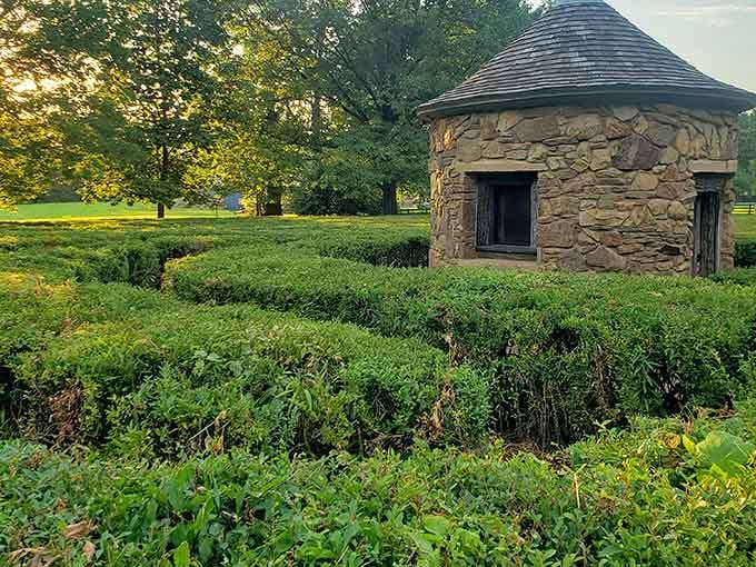 The Harmonist Labyrinth's stone structure and hedge maze design create a walking meditation space that's been calming visitors for generations.