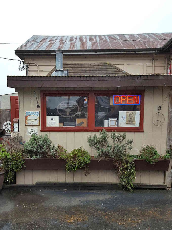 The humble exterior on a misty day looks like it wandered out of a Steinbeck novel, rustic charm intact.