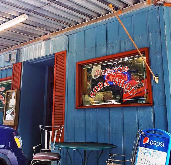 Outside seating under that blue awning offers fresh air with your float, weather permitting and nostalgia guaranteed regardless.