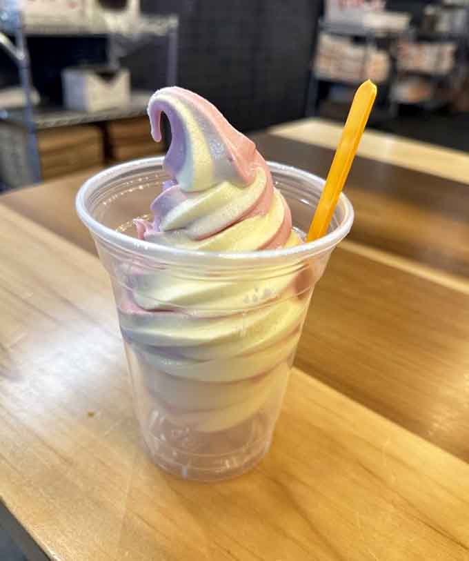 Soft serve swirled in pastel perfection offers the cool-down your mouth needs after all that heat.