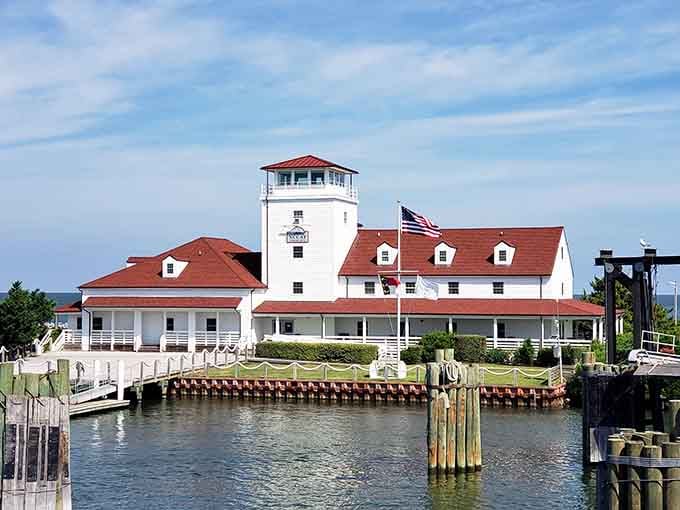 The historic Coast Guard Station stands watch over the harbor, a reminder of the island's seafaring heritage.
