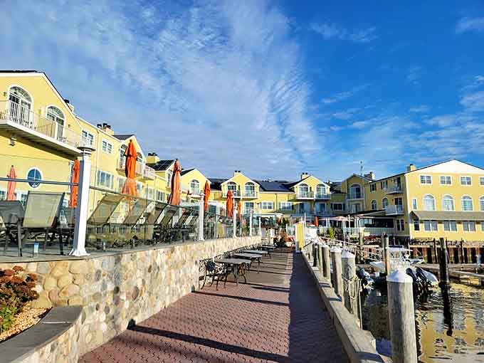 Saybrook Point Resort's waterfront walkway where every stroll feels like you're living in a vacation brochure.