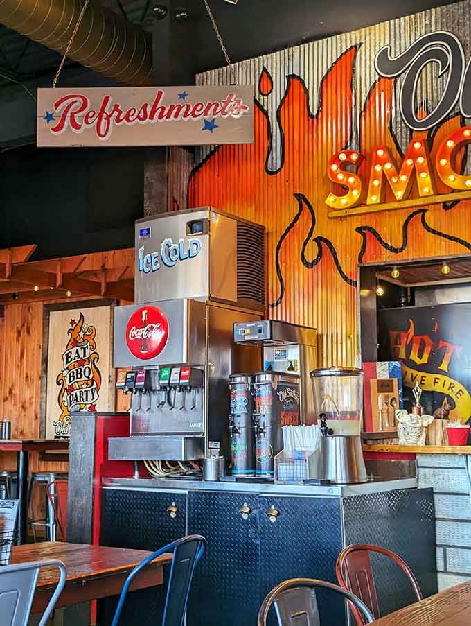 The refreshment station stands ready to quench the thirst that only serious barbecue consumption can create properly.