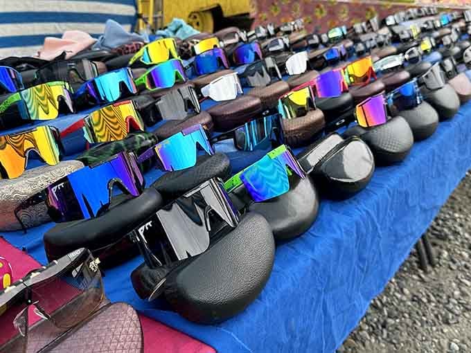 Sunglasses reflecting rainbow colors like a disco ball for your face, offering style and sun protection simultaneously.